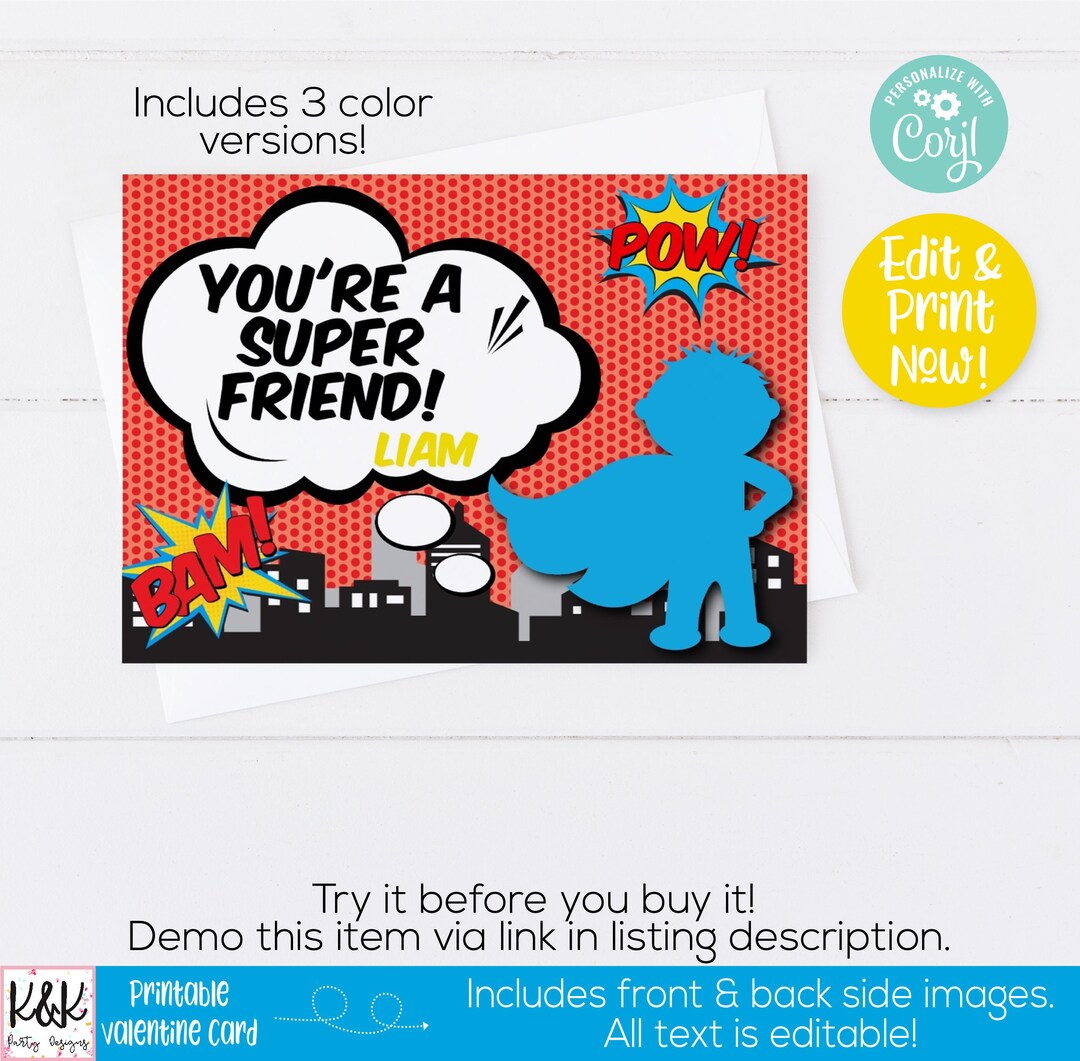 Superhero Printable Valentine Card, Superhero Valentines, Kids ...