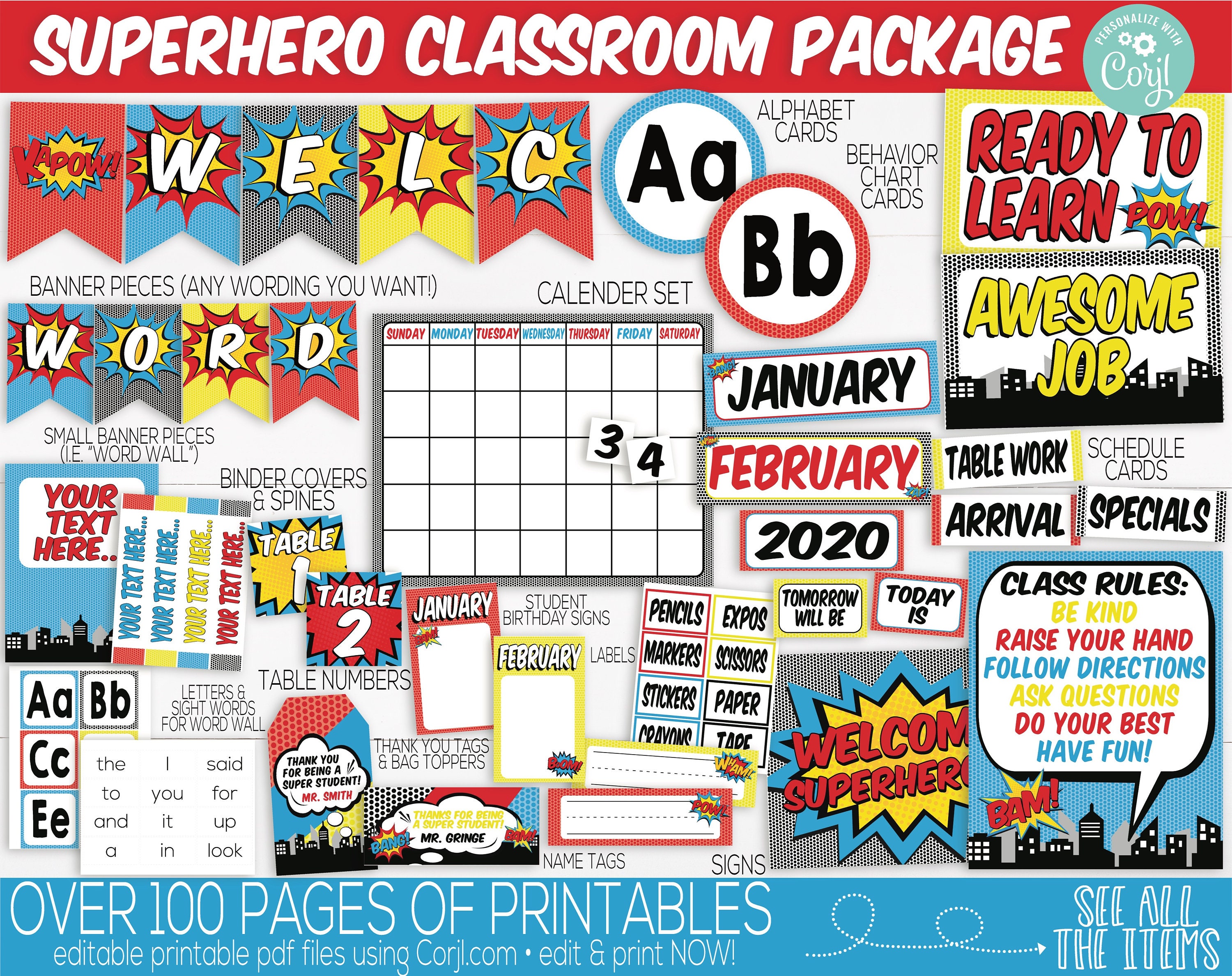 Superhero Classroom Calendar Set Printable, Superhero Theme, Teacher ...