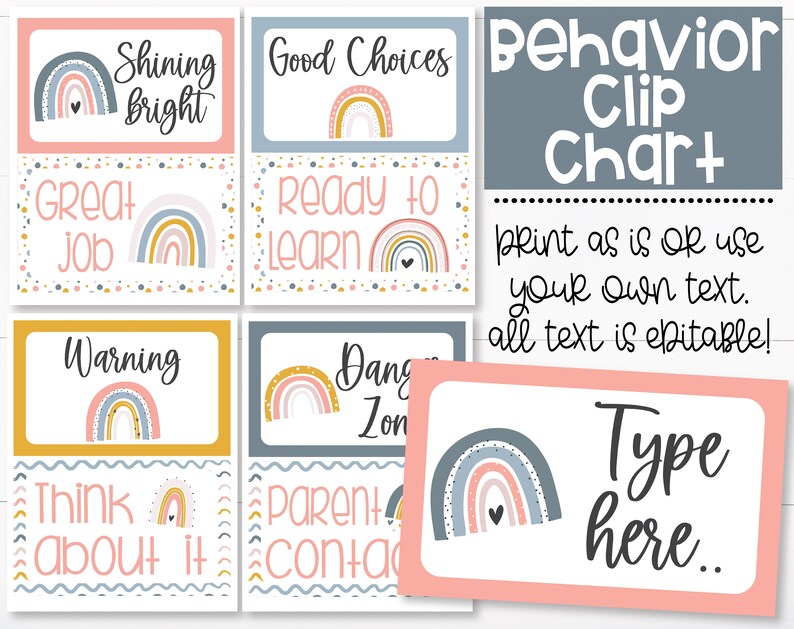 Boho Rainbow Theme Classroom Editable Behavior Clip Chart - Etsy