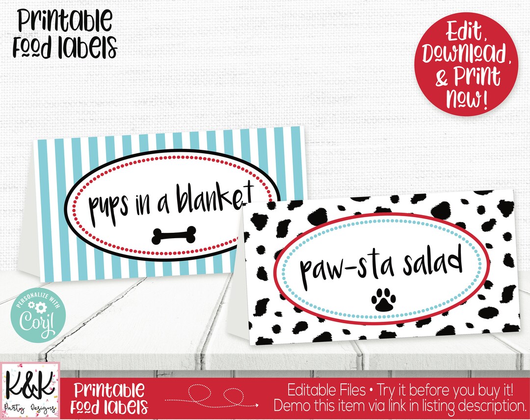 Puppy Dog Food Labels, Puppy Dog Place Cards, Puppy Dog Buffet Cards ...