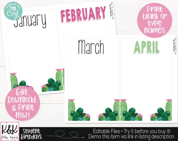Cactus Theme Classroom Birthday Board Printable, Teacher Supply ...