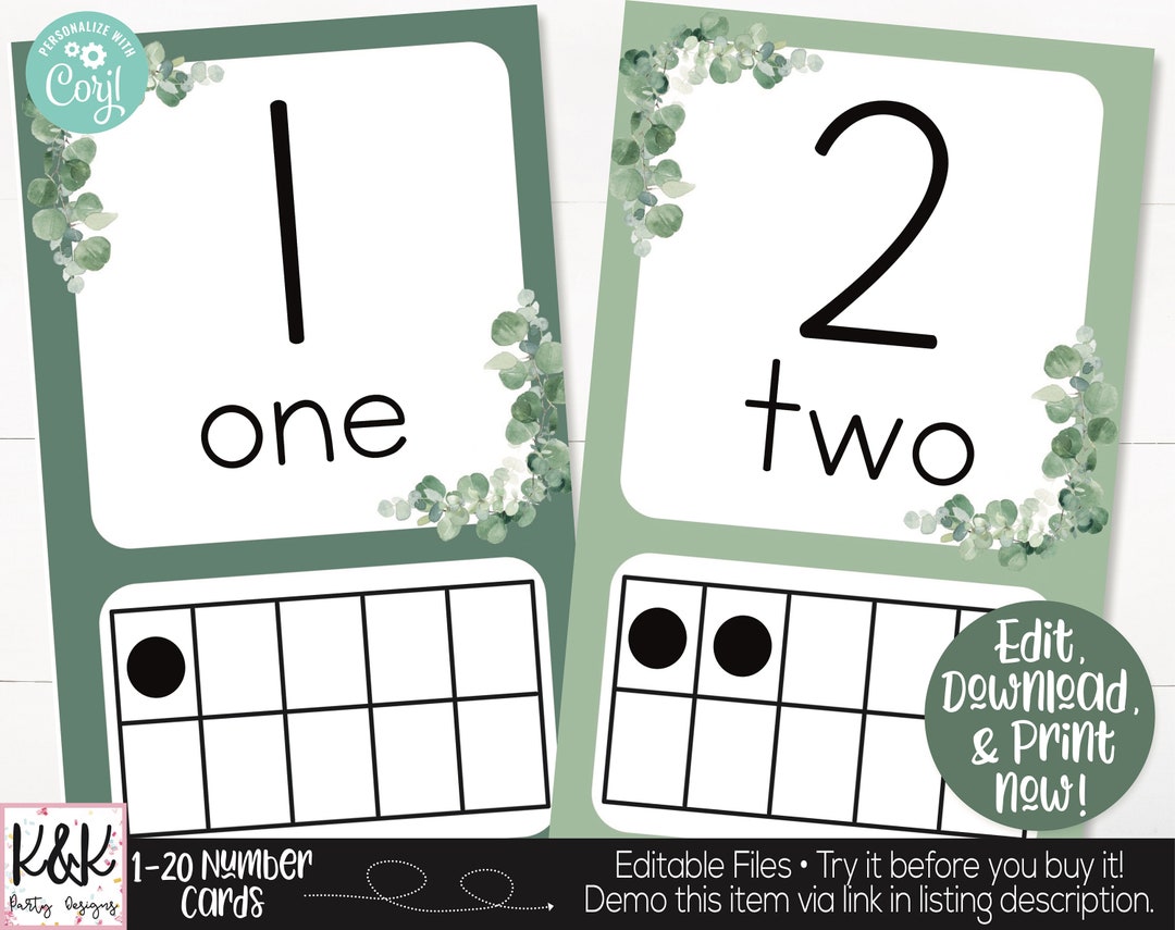Calm Botanical Farmhouse Theme Classroom 1-20 Number Cards Printable ...