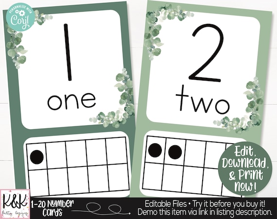 Calm Botanical Farmhouse Theme Classroom 1-20 Number Cards Printable ...