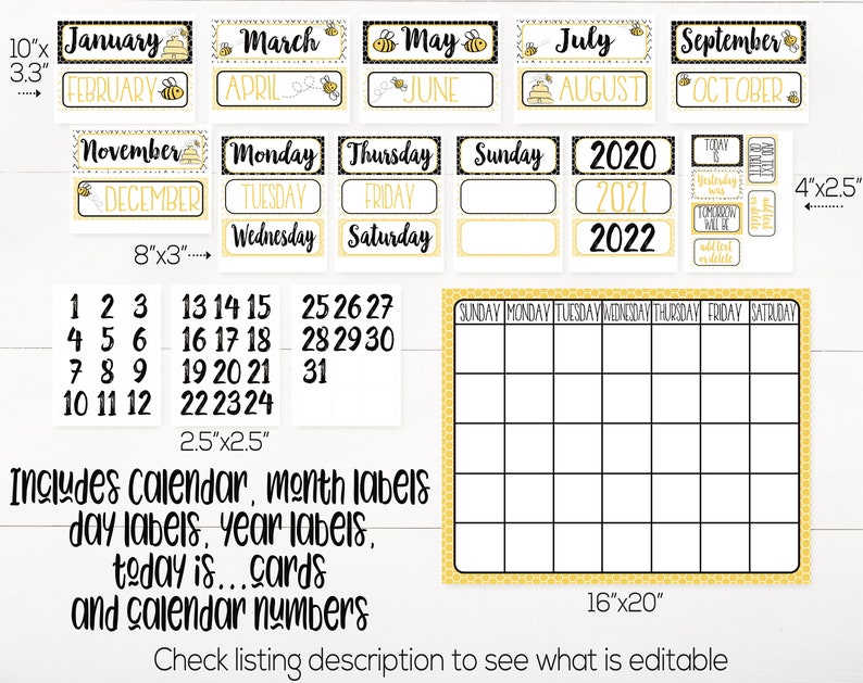 Bee Classroom Calendar Set Printable Bee Theme Teacher | Etsy