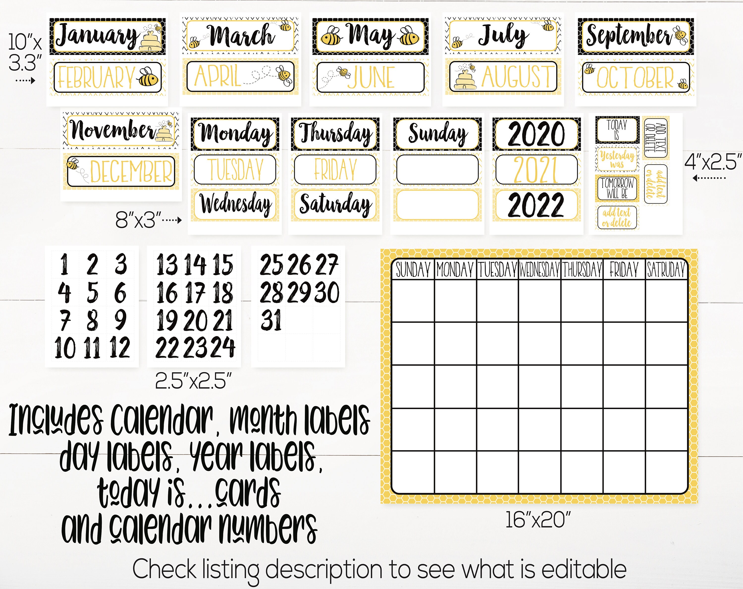 Bee Classroom Calendar Set Printable, Bee Theme, Teacher Supply ...
