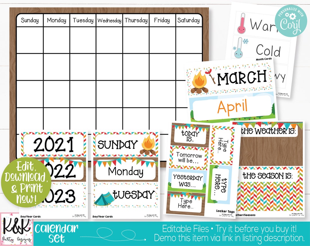 Camping Classroom Calendar Set Printable, Camping Forest Theme, Teacher ...