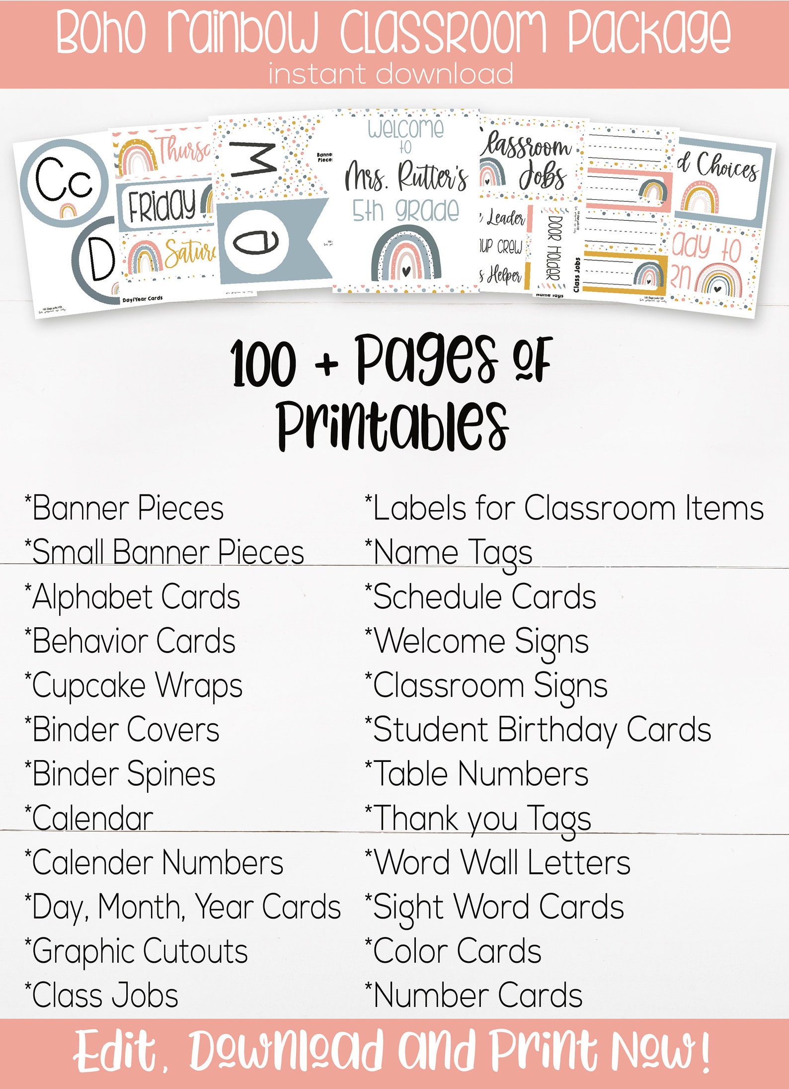 Boho Rainbow Classroom Theme Supplies and Decorations Printable, Boho ...