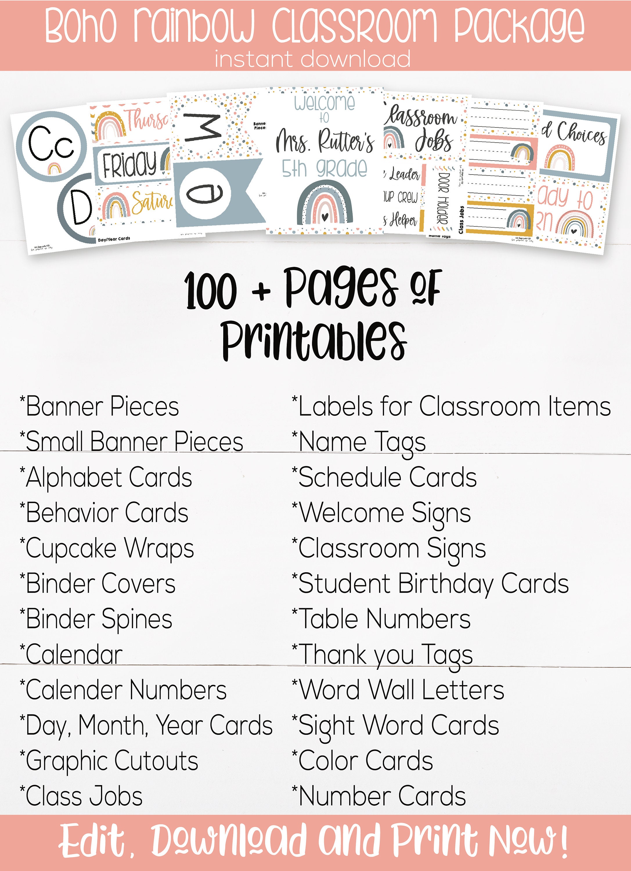 Boho Rainbow Classroom Theme Supplies and Decorations Printable, Boho ...