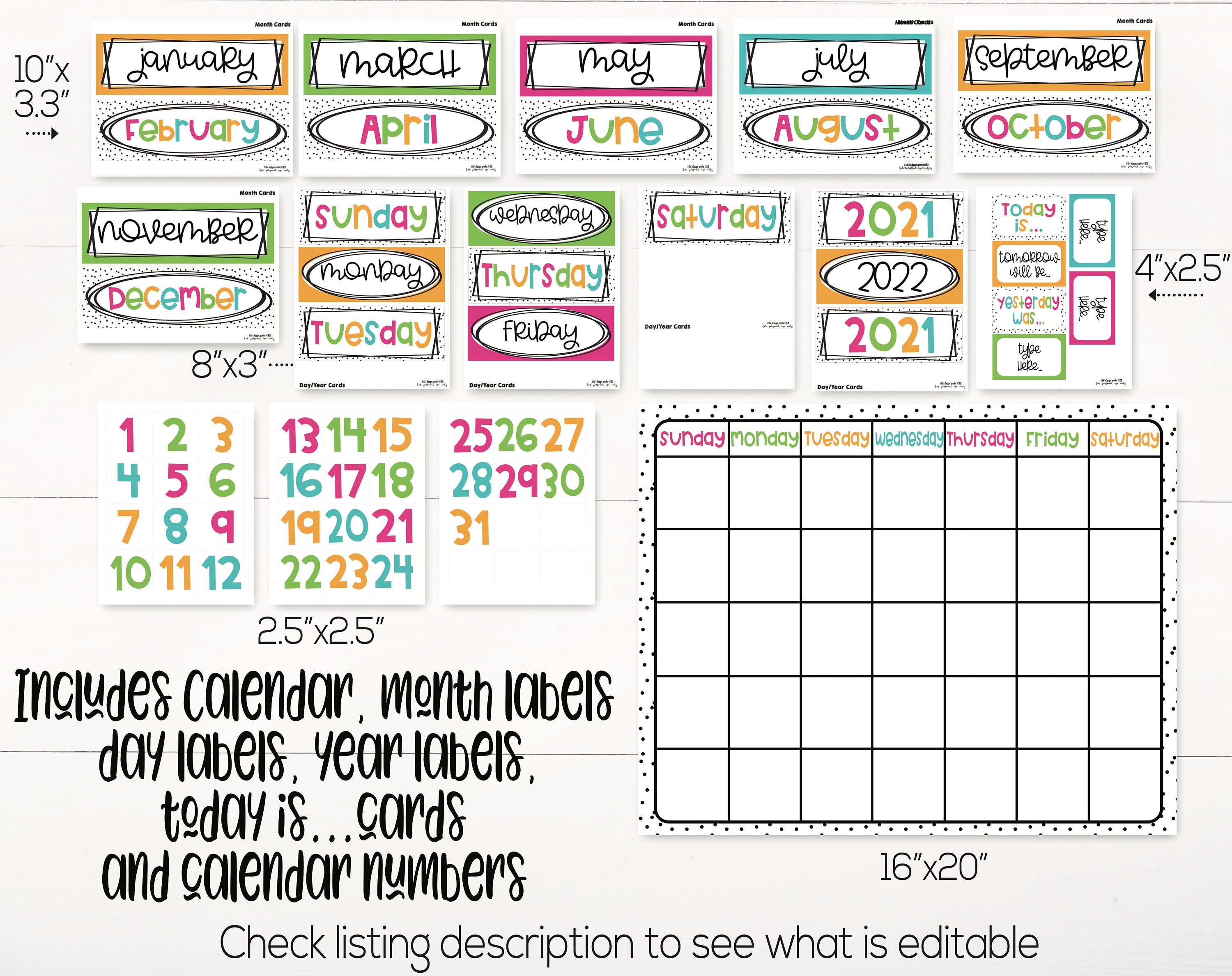 Bright Colors Rainbow Theme Classroom Calendar Set Printable, Teacher ...