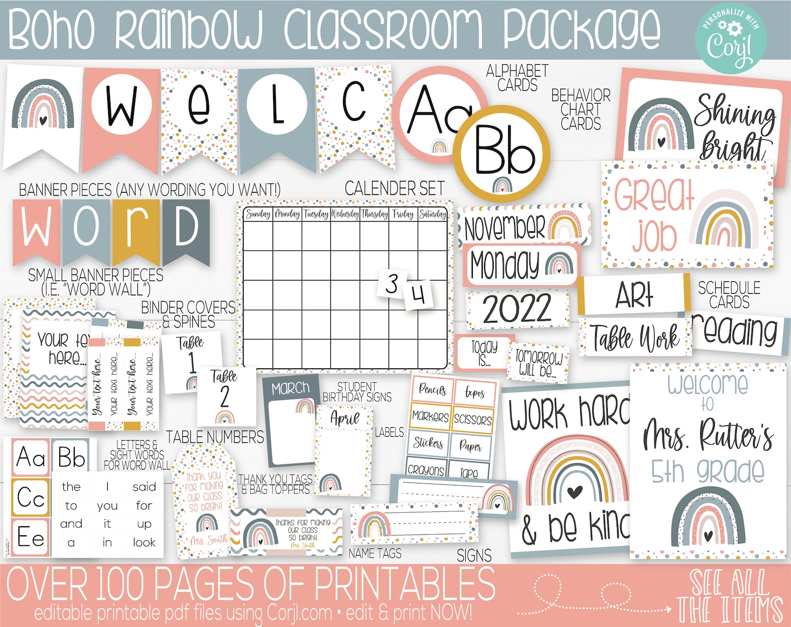 Boho Rainbow Classroom Theme Supplies and Decorations Printable, Boho ...
