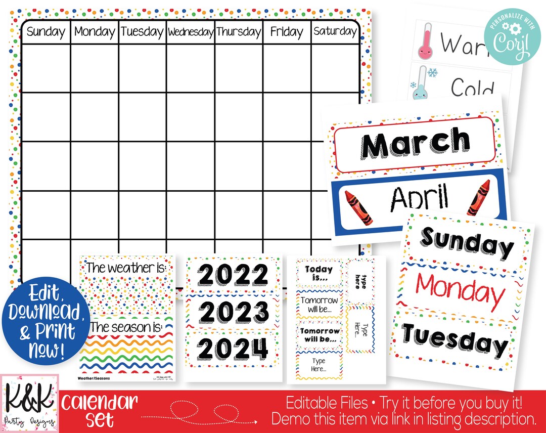 Fun Crayon Theme Classroom Calendar Set Printable, Teacher Supply ...