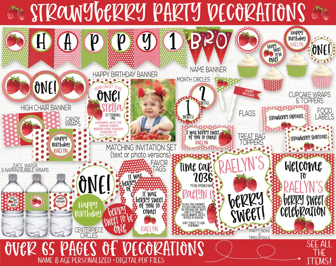 Strawberry Birthday Party Decorations, Strawberry Birthday Invitation ...