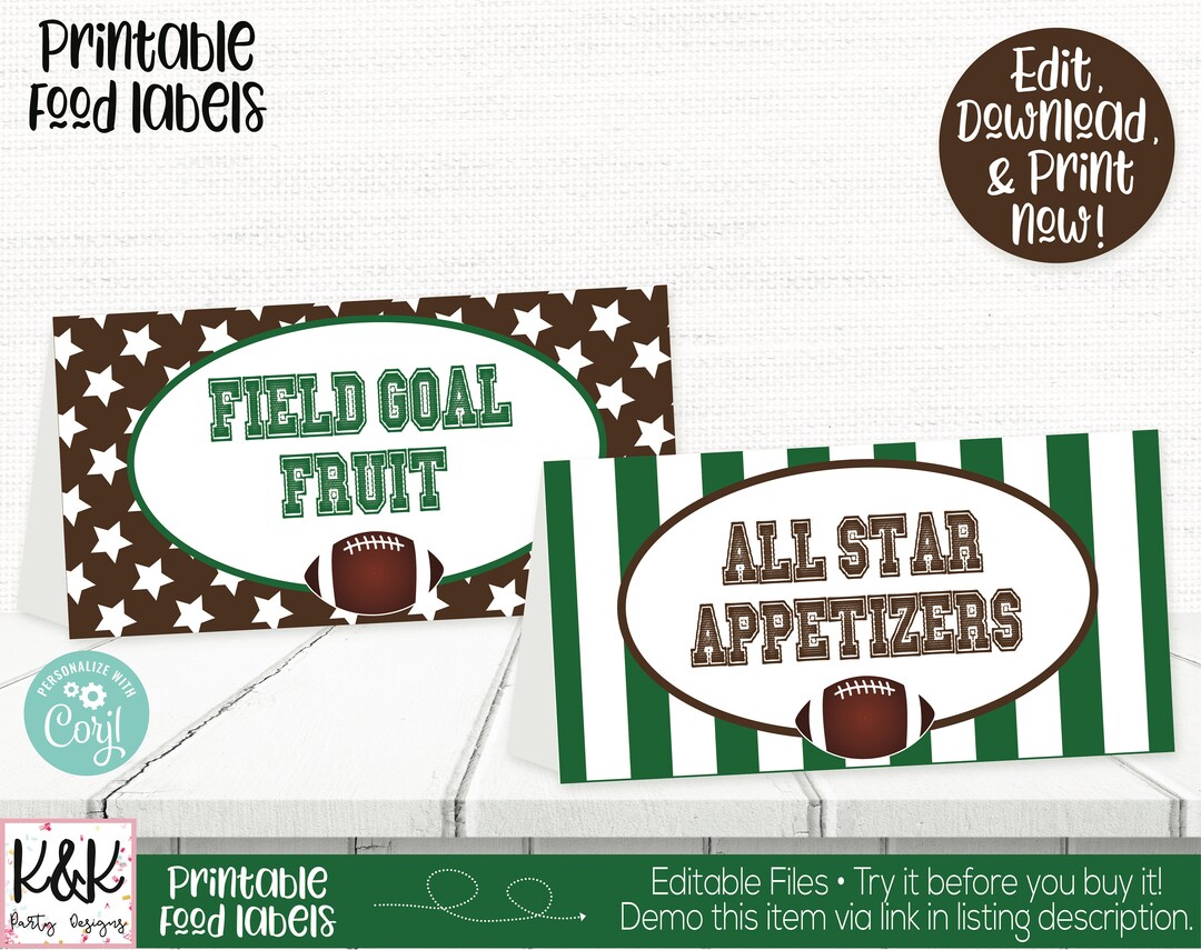 Football Food Labels, Football Place Cards, Football Buffet Cards ...