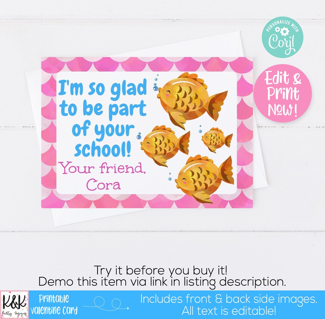 Goldfish Printable Valentine Card, Kids Valentines Day Card, School ...
