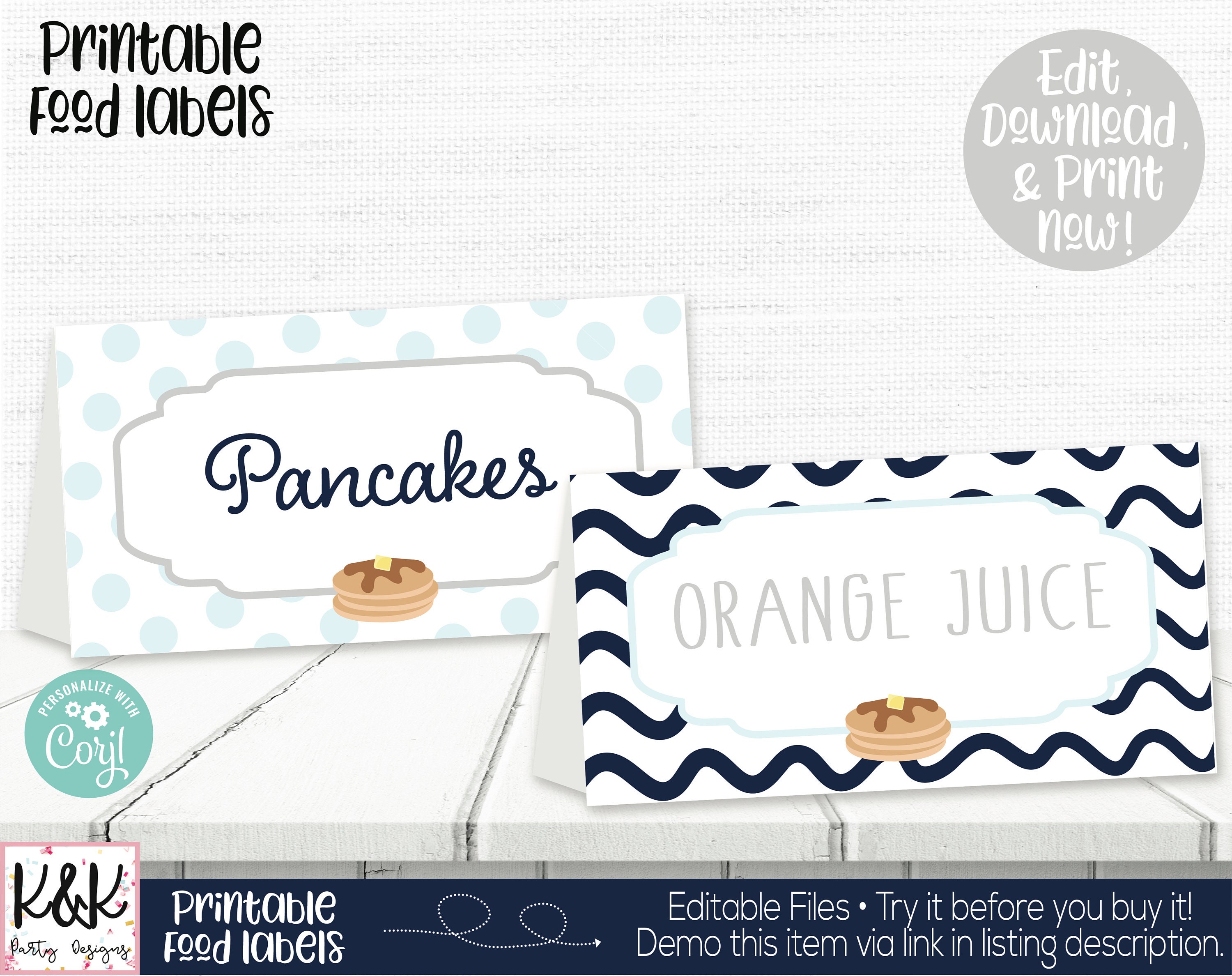 Pancakes and Pajamas Food Labels Pancakes Place Cards | Etsy