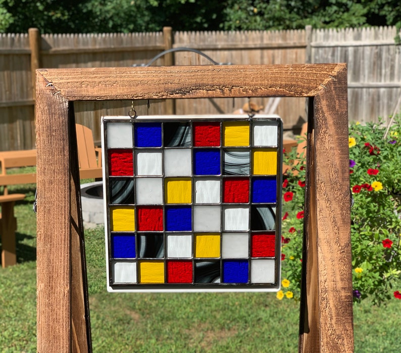 9” X 9” MONDRIAN COLOR PALETTE Stained Glass Window Panel in Primary ...