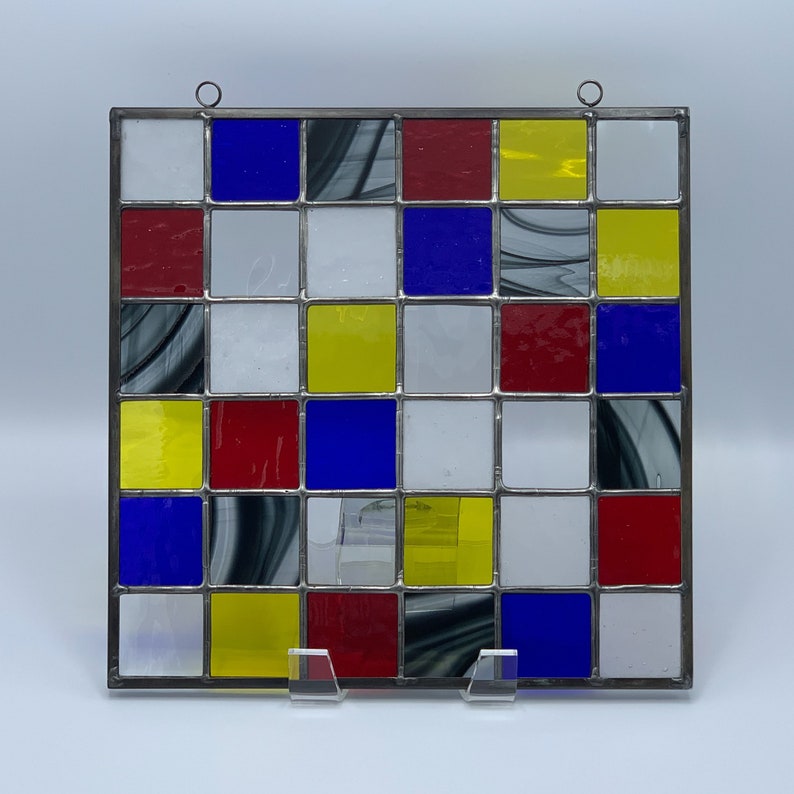 9” X 9” MONDRIAN COLOR PALETTE Stained Glass Window Panel in Primary ...