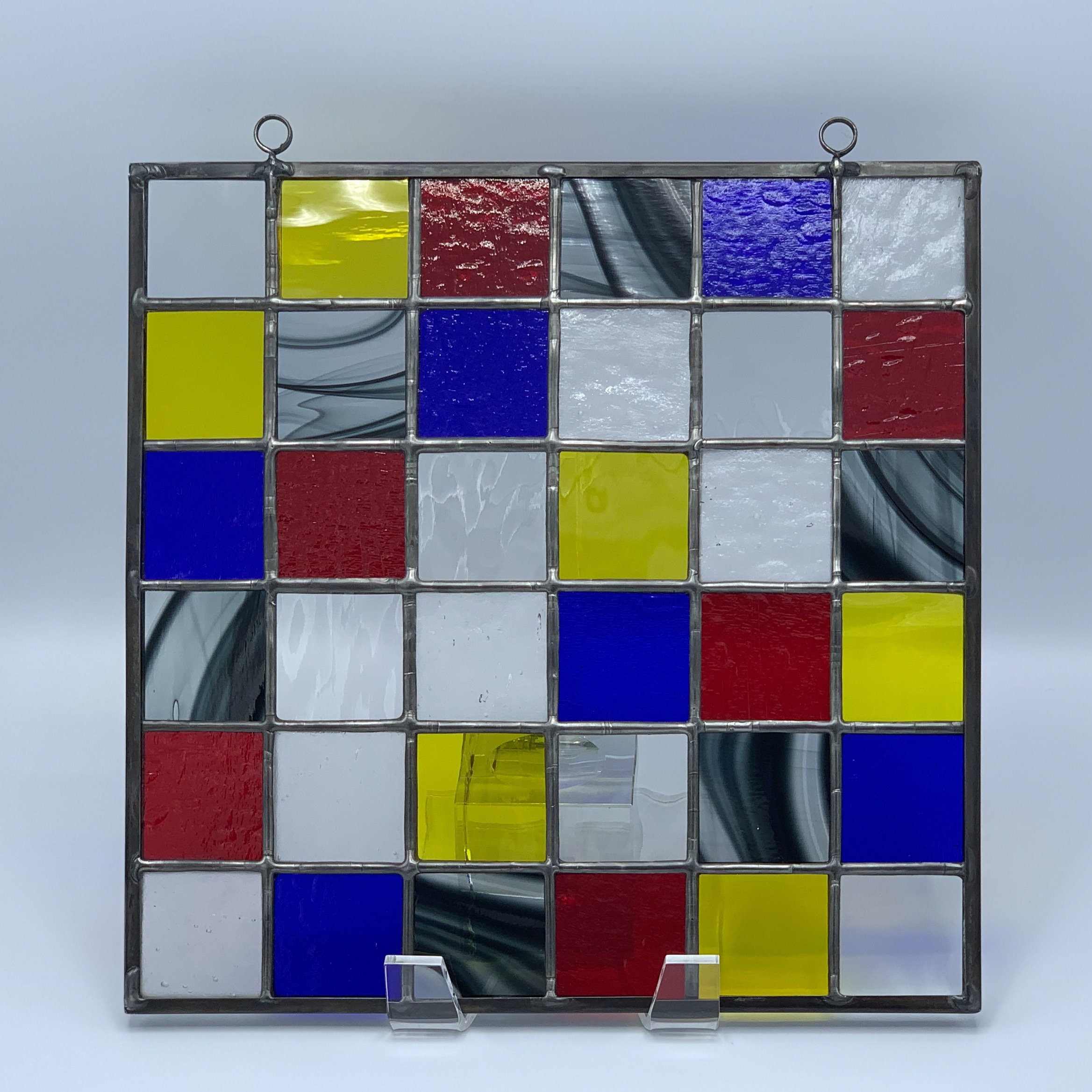 9” X 9” MONDRIAN COLOR PALETTE Stained Glass Window Panel in Primary ...