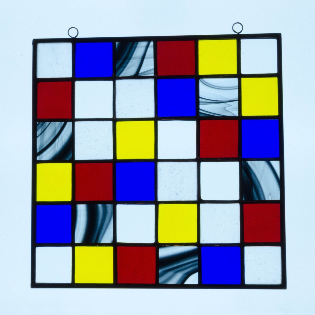 9” X 9” MONDRIAN COLOR PALETTE Stained Glass Window Panel in Primary ...