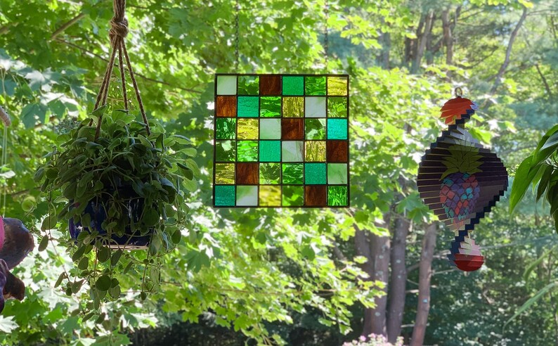 9 X 9 TIKI COLOR PALETTE Stained Glass Window Panel Suncatcher in Green ...