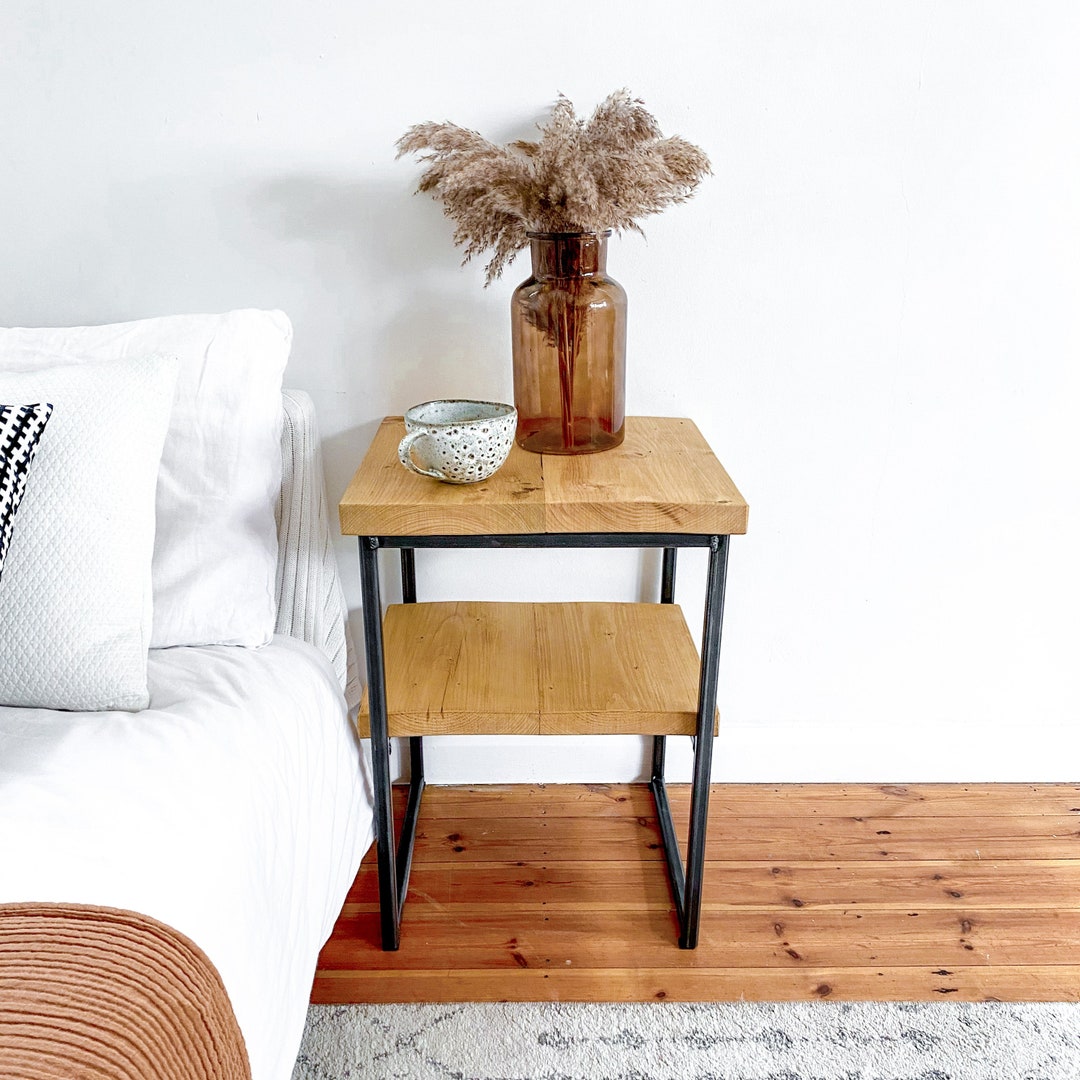 Rustic Bedside Tables Pair Industrial Chunky Nightstand Vintage ...