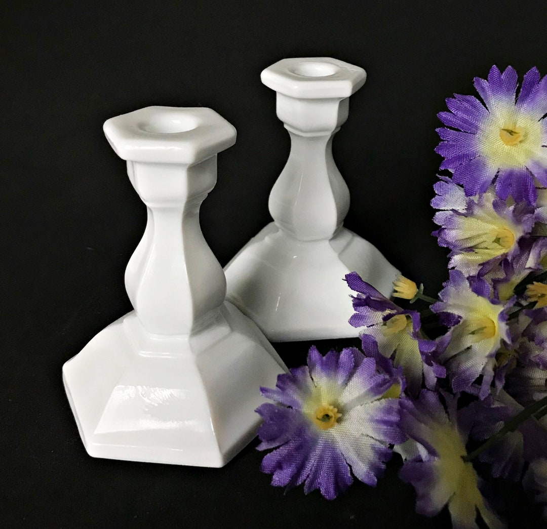 Vintage Mini MILK GLASS CANDLESTICKS: Set of 2,indiana Glass Tiara ...