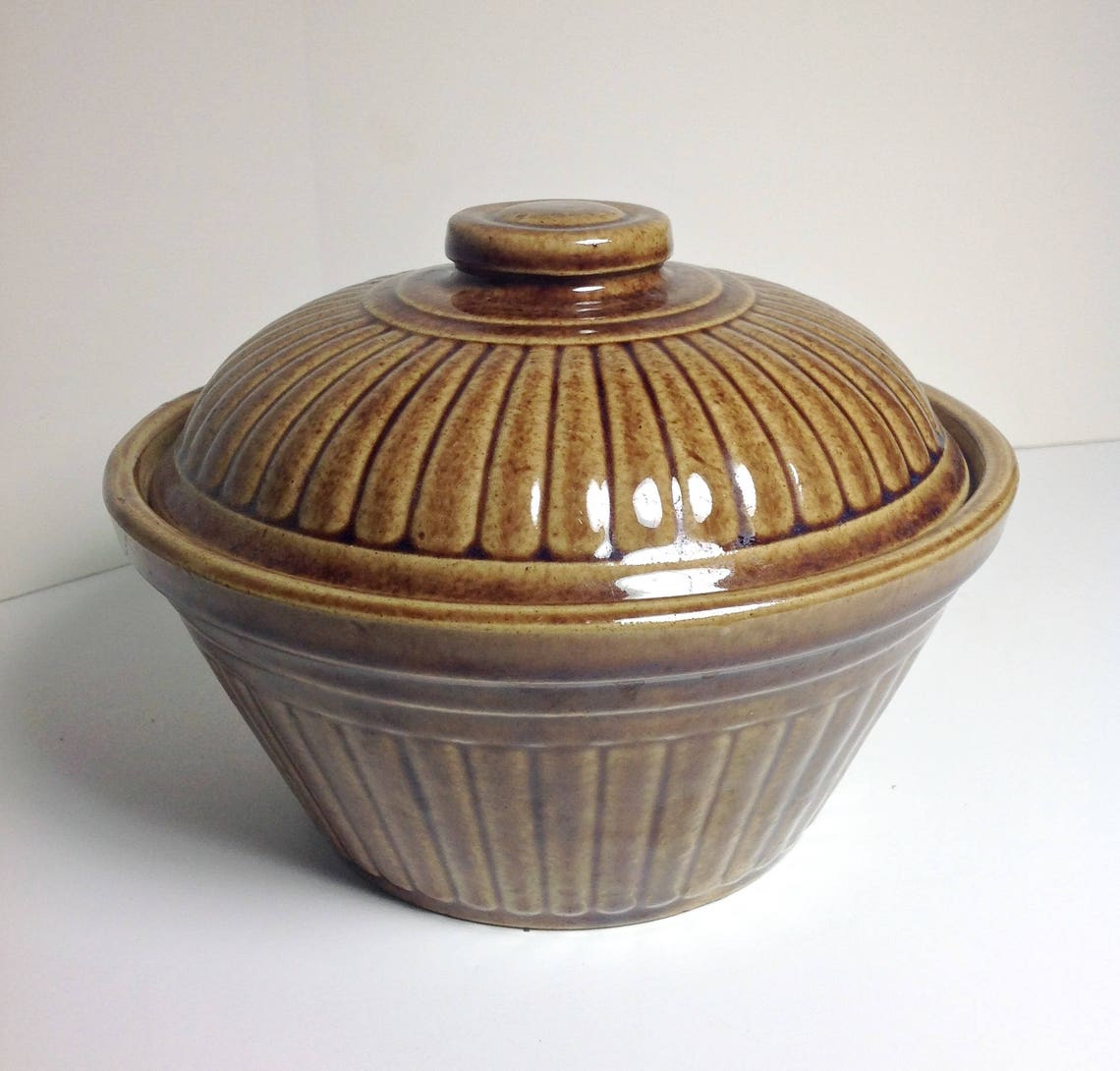 Vintage WESTERN STONEWARE CASSEROLE: With Lid, Brown Ribbed Pottery, C ...
