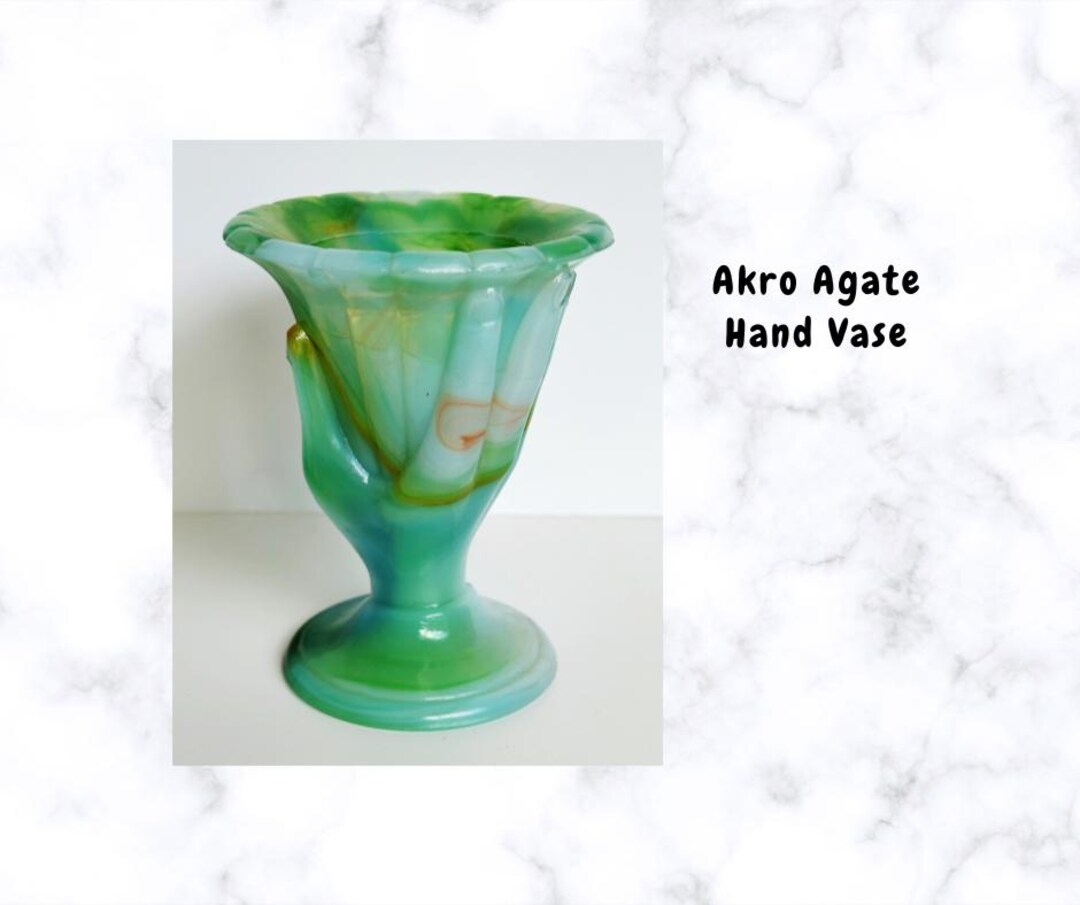 Akro Agate HAND VASE #766 Green White Swirl No Glow AKA Slag Glass 1940 ...