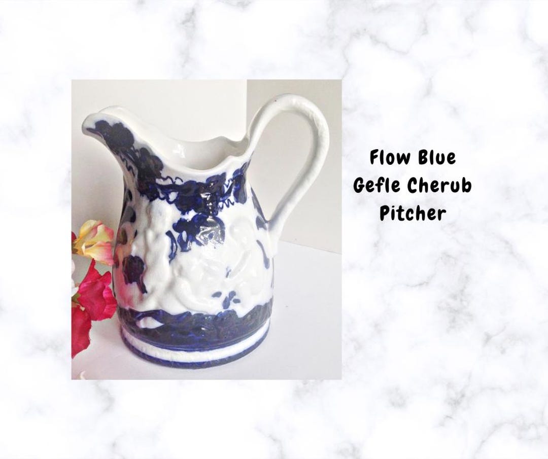 Vintage Gefle FLOW BLUE China Pitcher Jug Mullbar Cherubs and Cobalt ...