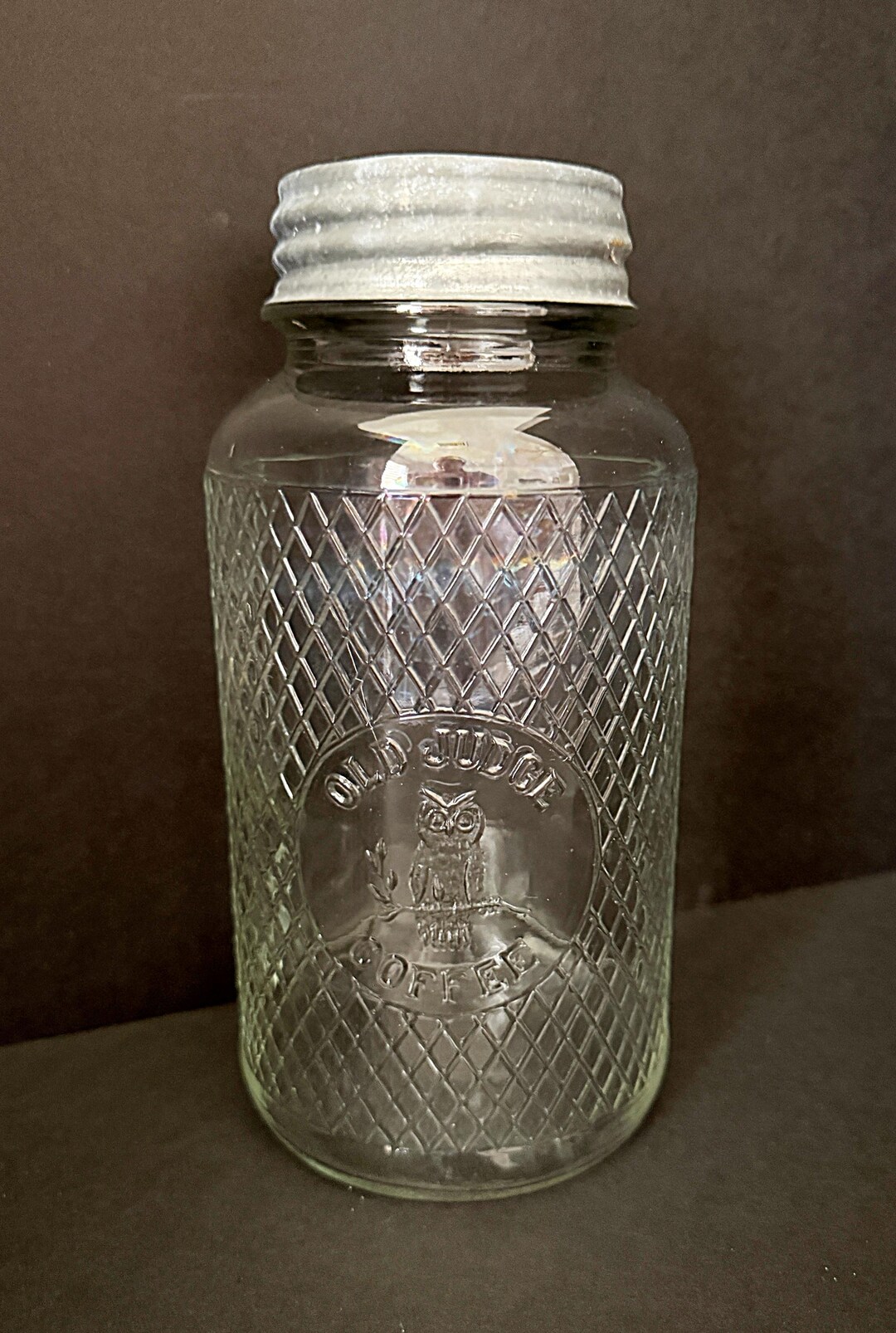 Vintage OLD JUDGE COFFEE Jar: Owl With Crosshatch Pattern Ball Zinc ...