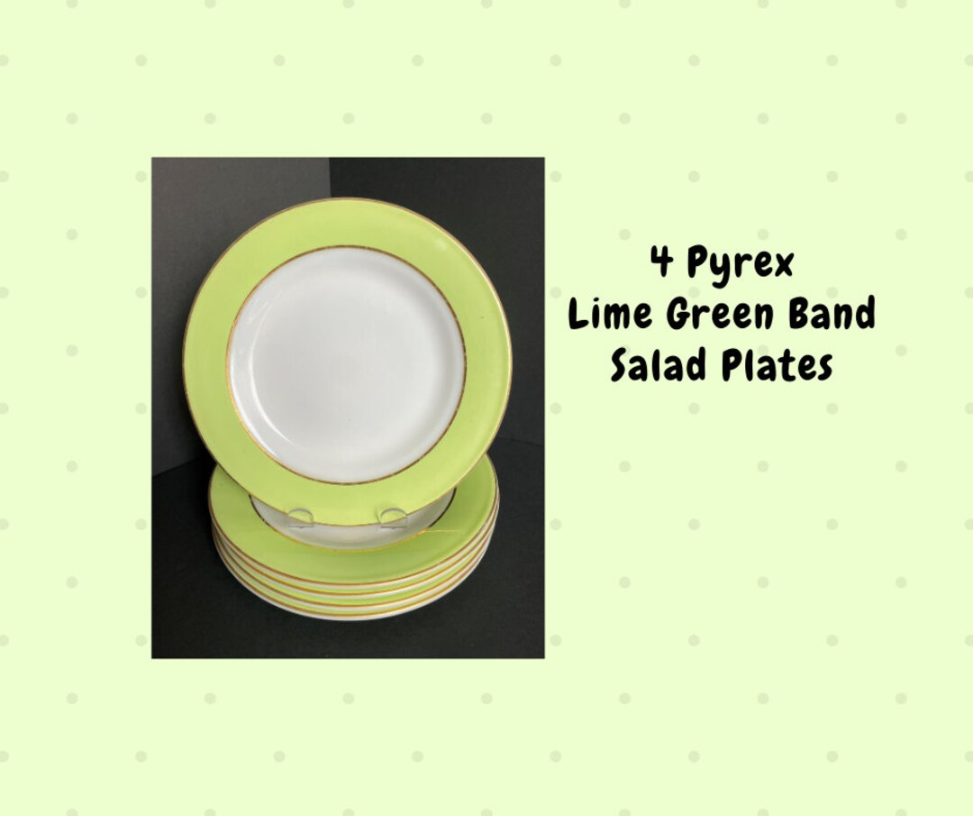 4 Vintage PYREX Lime Green Band 8 Salad Plates White With Gold Trim ...