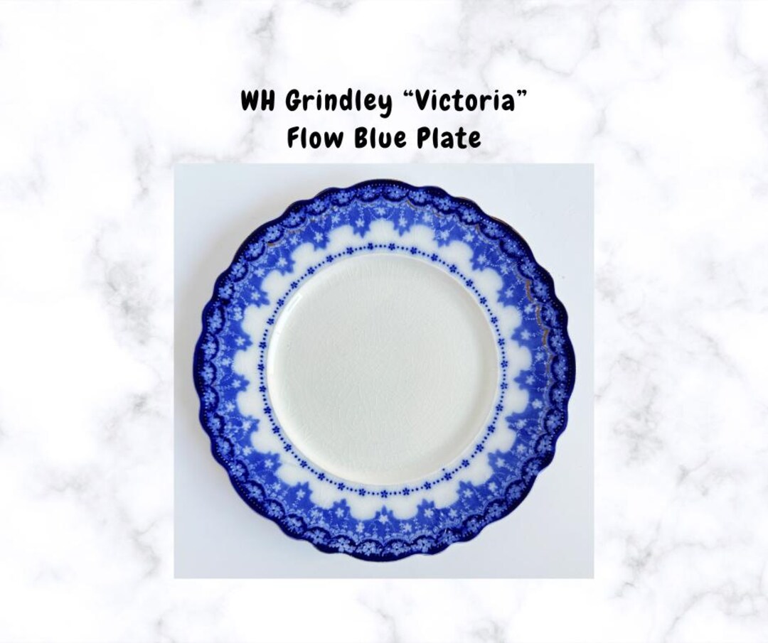 Antique VICTORIA Flow Blue China Plate W.H. Grindley Cobalt Blue and ...