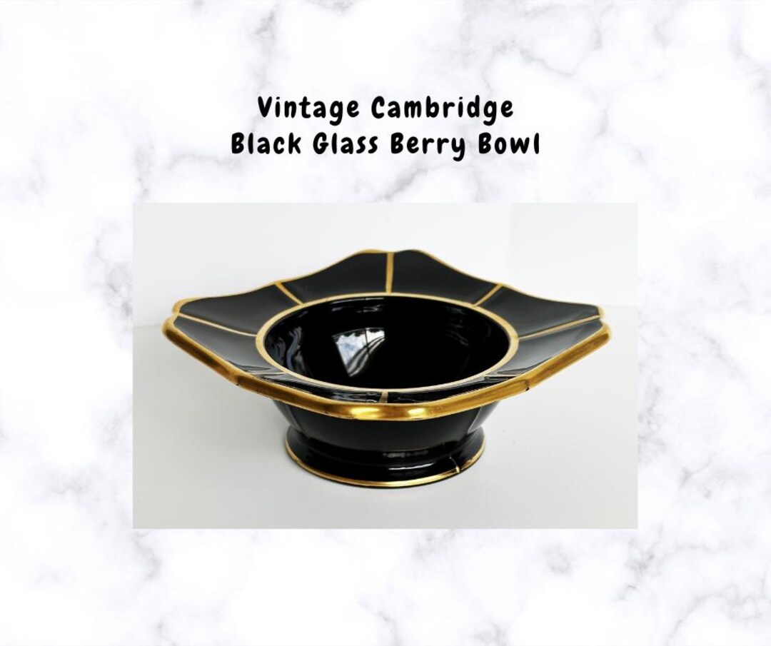 Vintage Cambridge BLACK GLASS Berry Bowl Square With Gold Trim Pat ...