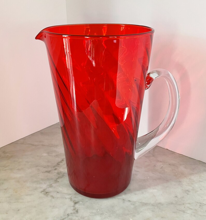 Ruby Red Glass Pitcher Swirled Optic Clear Handle Water - Etsy