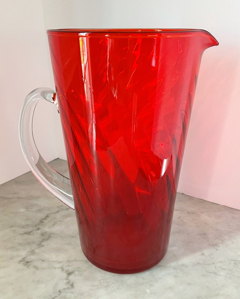 Ruby Red Glass Pitcher Swirled Optic Clear Handle Water - Etsy
