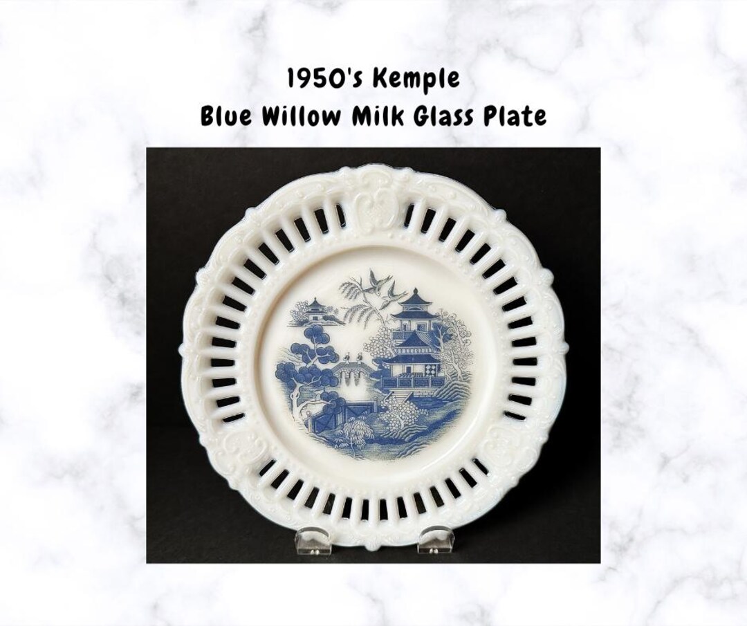 Vintage Kemple Blue Willow Milk Glass Plate With Reticulated Pierced ...