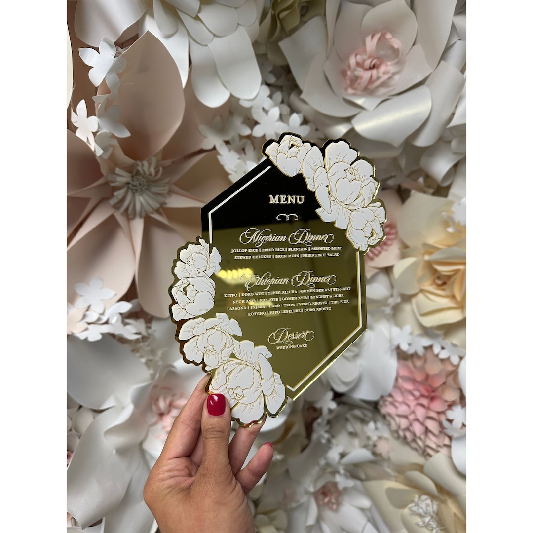 Gold Floral Mirrored Acrylic Menu / Wedding Menu / Hexagon Menu / Floral Menu - Etsy