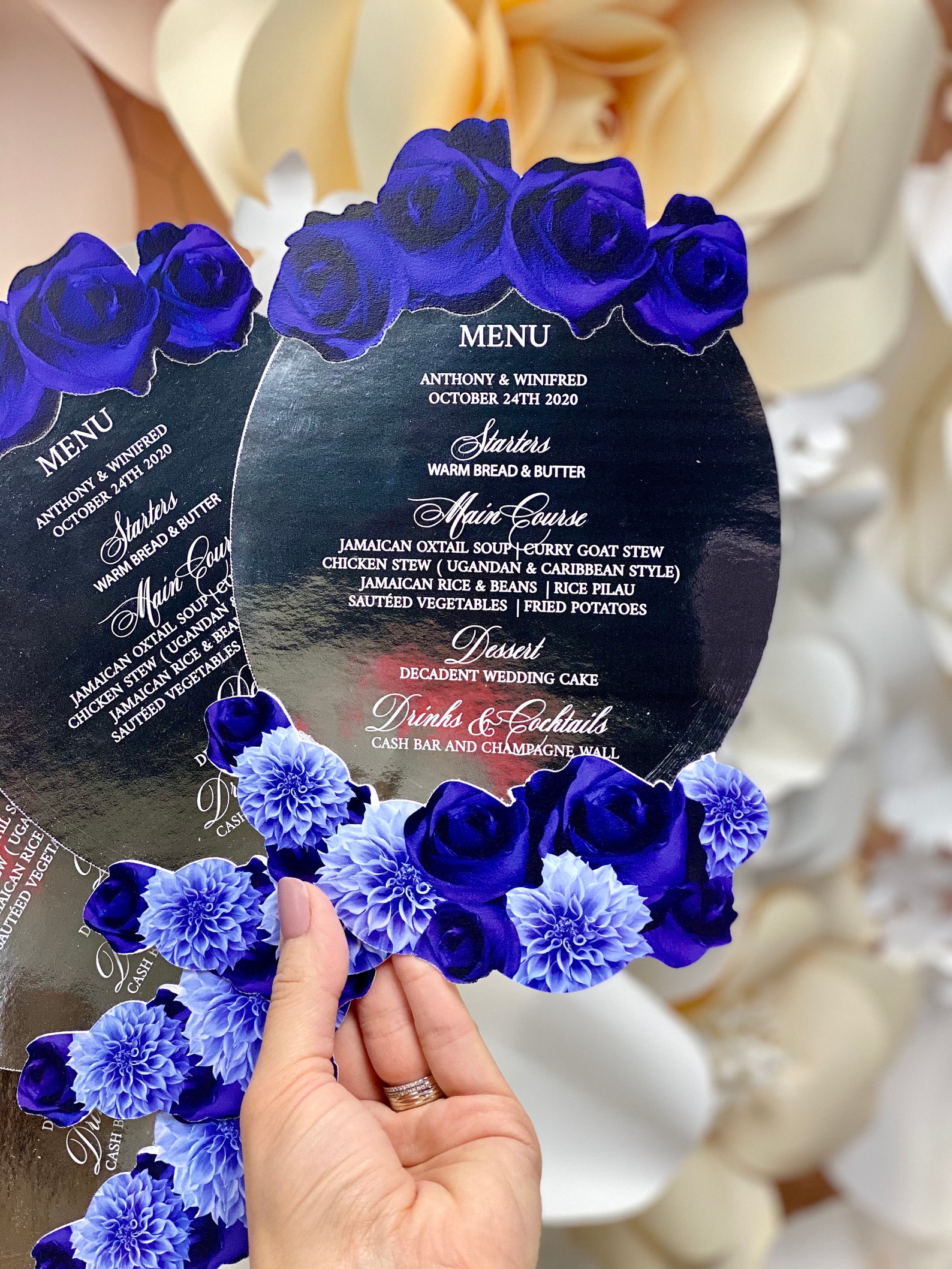 Royal Blue & Silver Menu / Floral Menu / White Ink Menu - Etsy