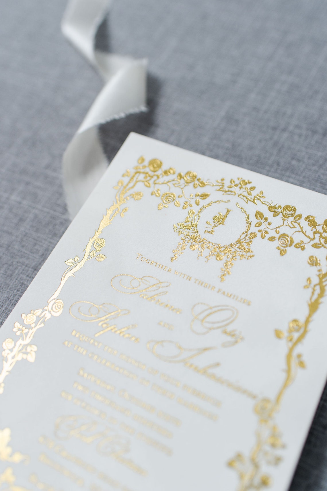 White Suede Wedding Invitation With Gold Foil Roses - Etsy