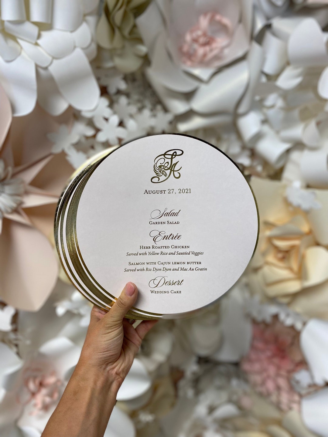 Round Gold Foil Menu/ White and Gold Foil Menu/ Die Cut Menu / Luxury ...