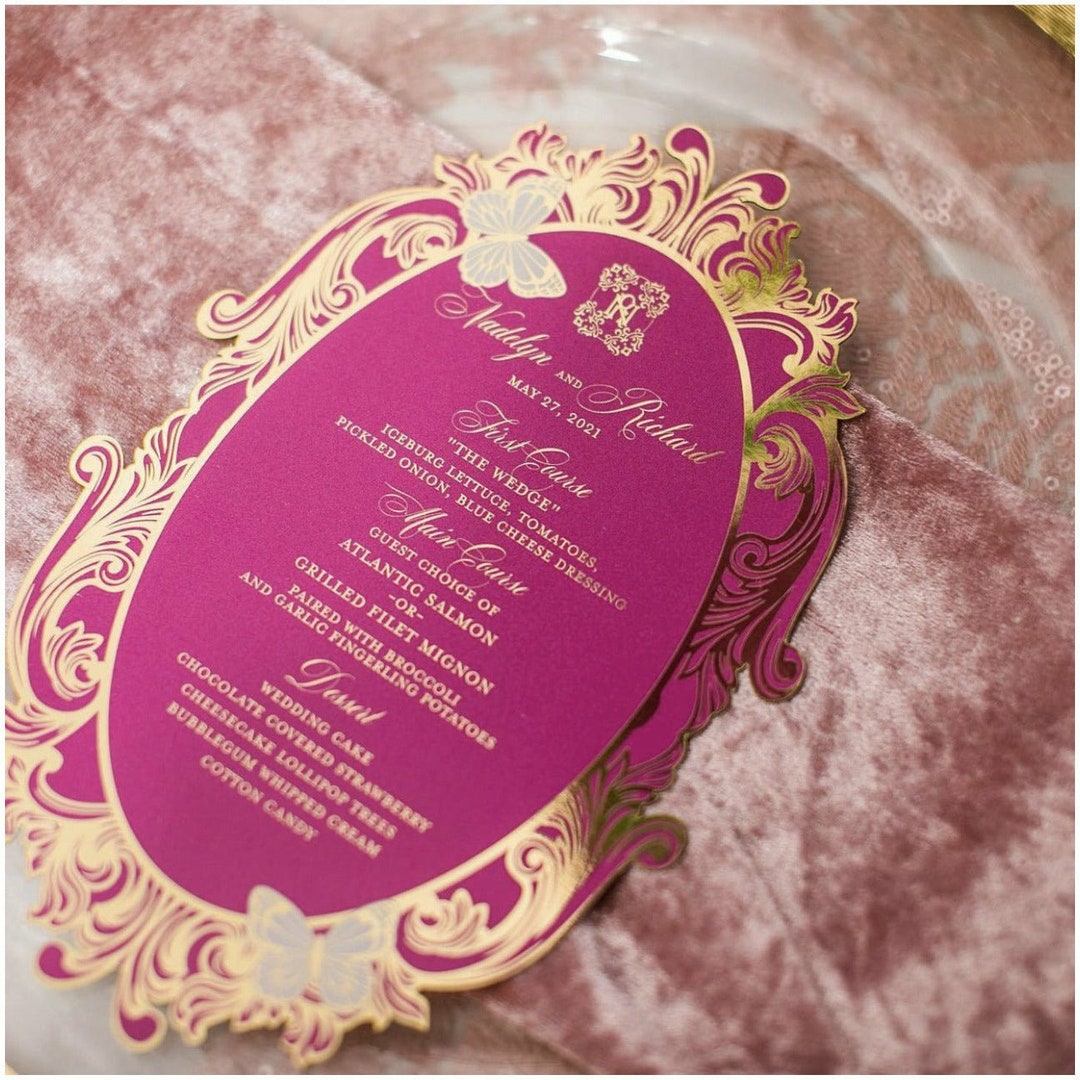 Butterfly Floral Menu/ Gold Fuchsia Menu / Floral Menu With Butterfly ...