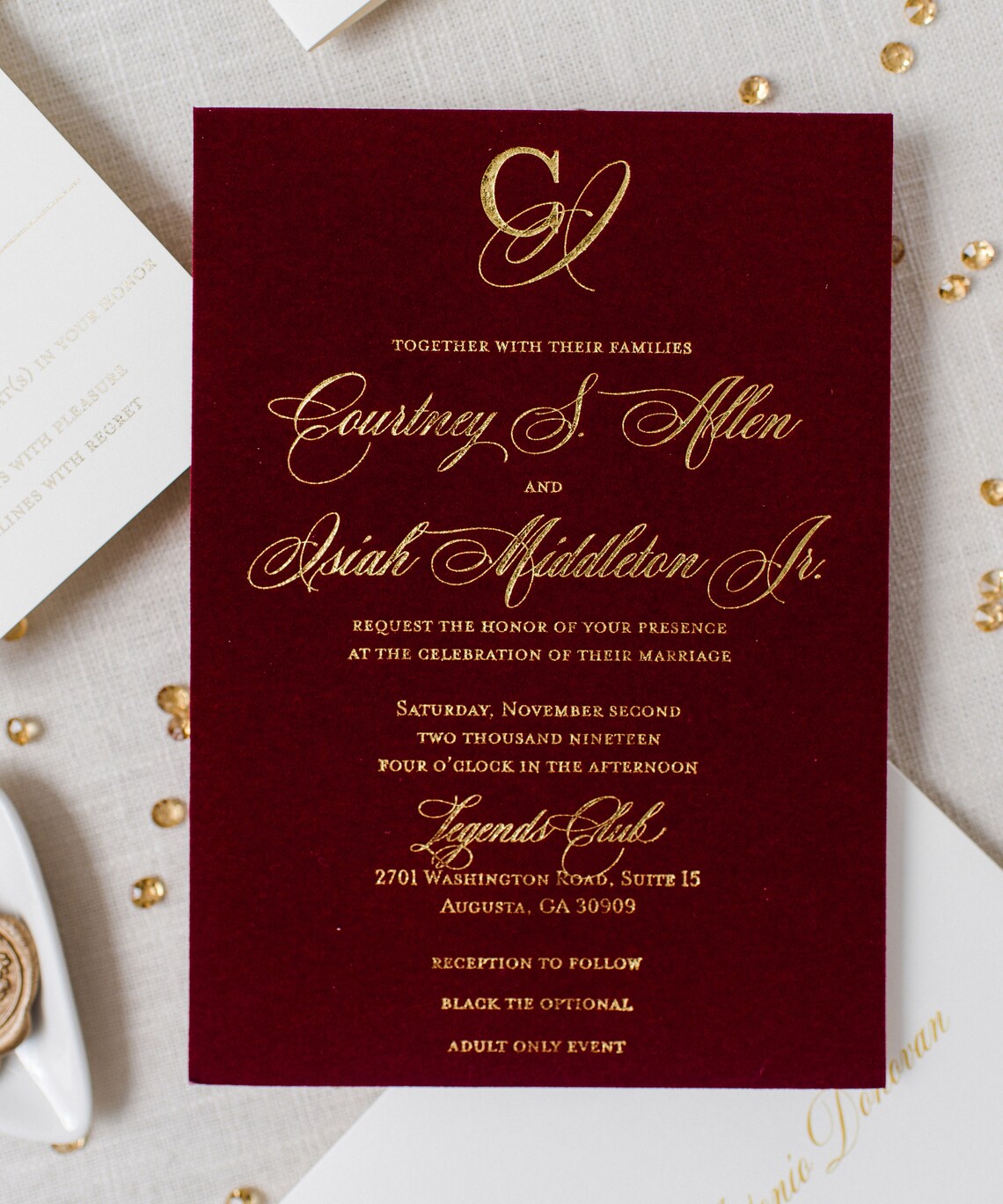 Gold Foil Burgundy Suede Wedding Invitation (5x7) - Etsy