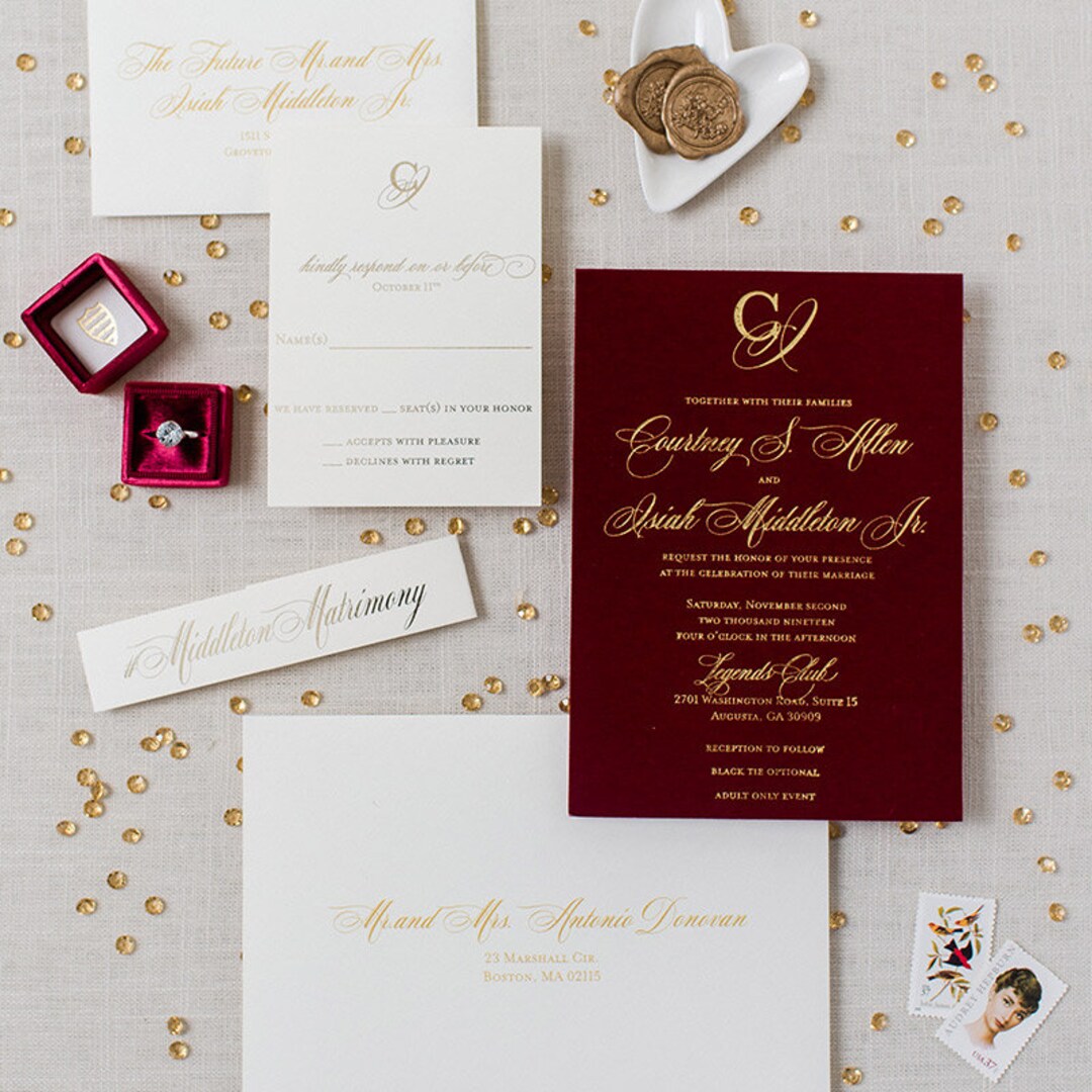 Gold Foil Burgundy Suede Wedding Invitation (5x7) - Etsy