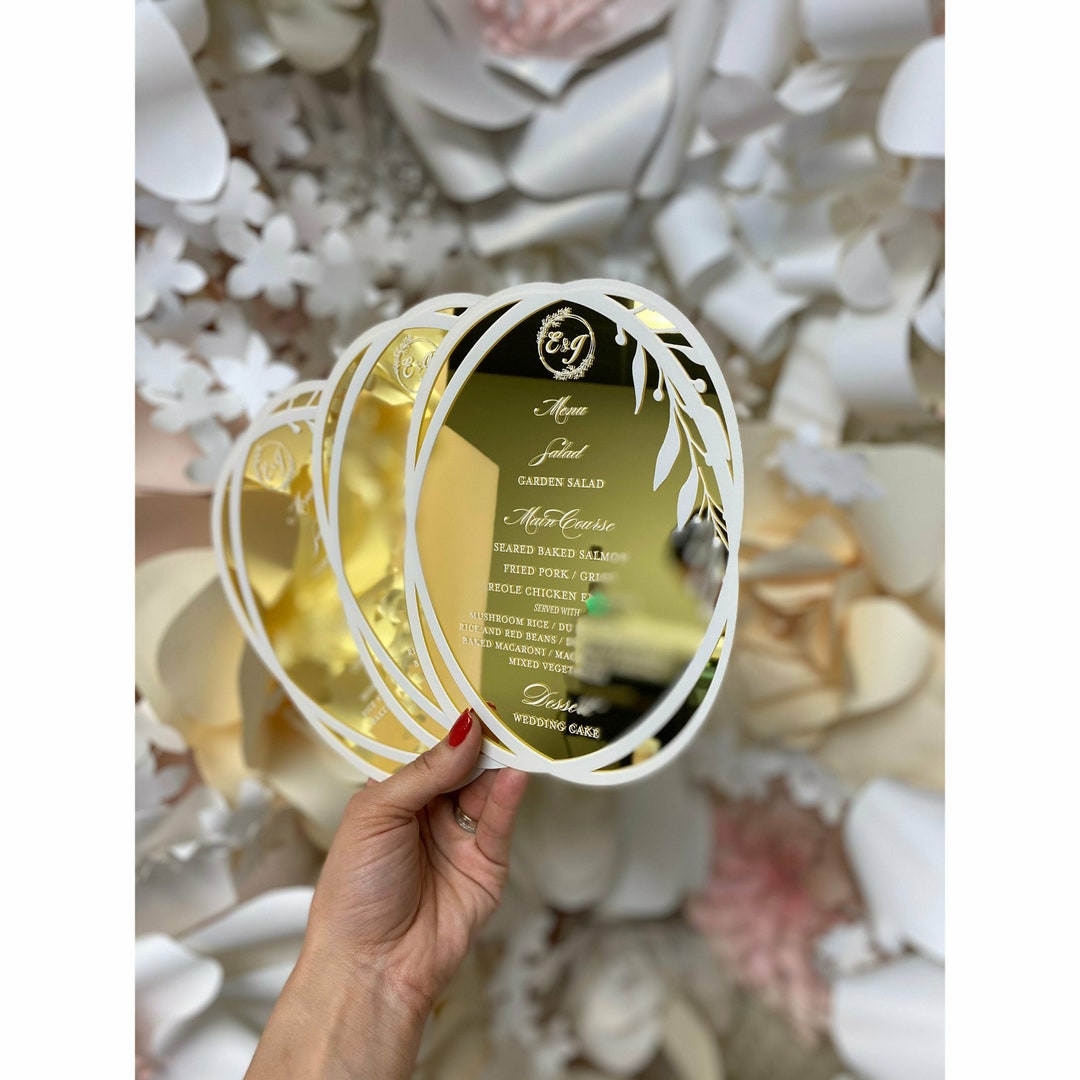 Gold Floral Oval Acrylic Menus / Gold Mirror Acrylic / Floral Wedding ...