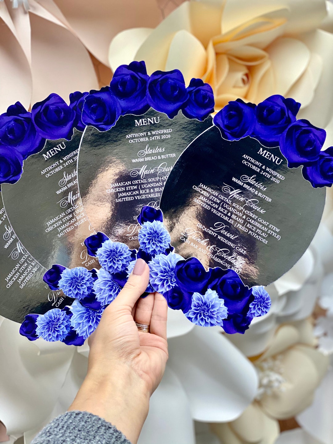 Royal Blue & Silver Menu / Floral Menu / White Ink Menu - Etsy