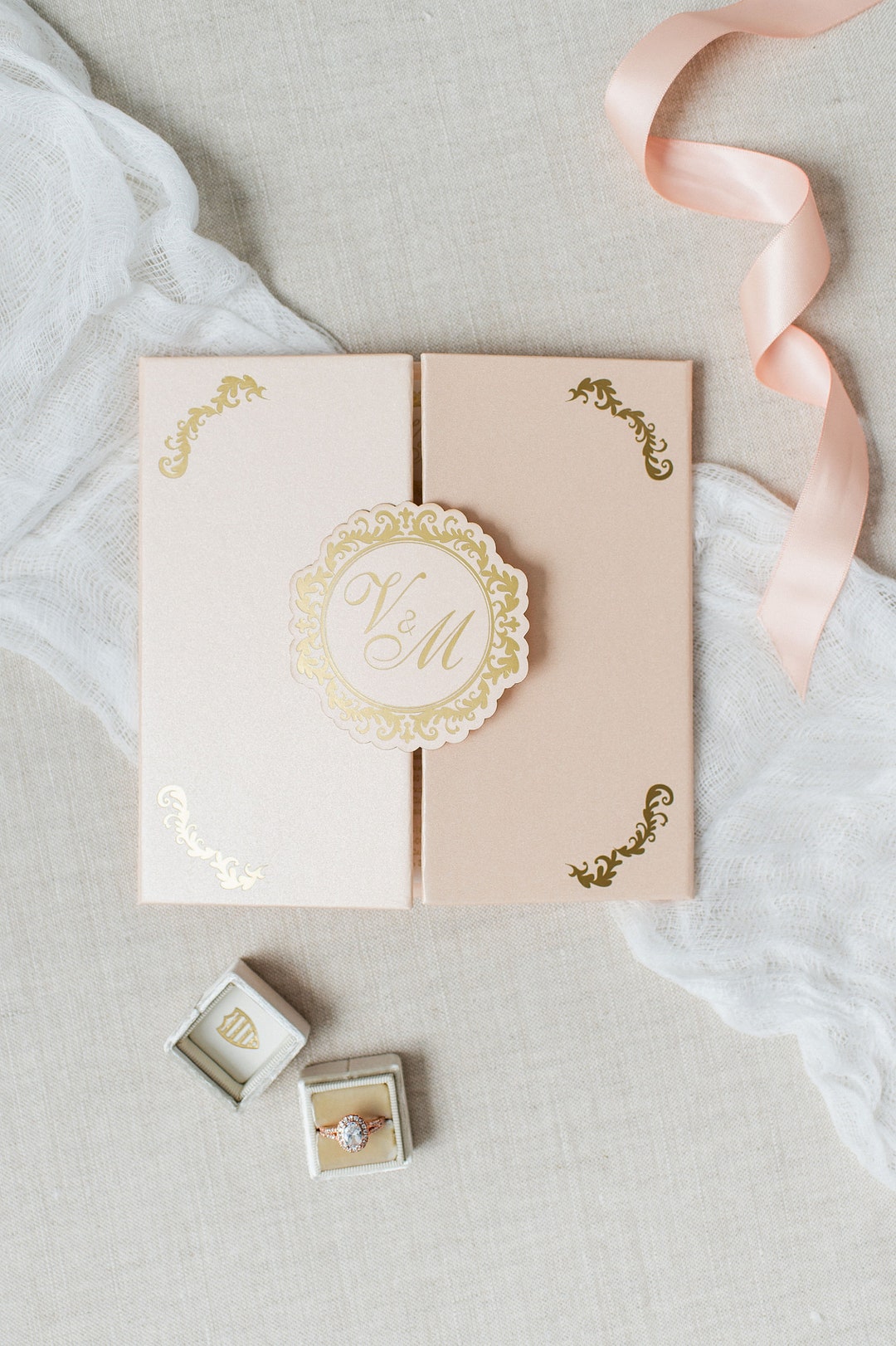 Folio Invitation/ Hard Cover Invitation/ Blush Invitation/ Gold Foil ...