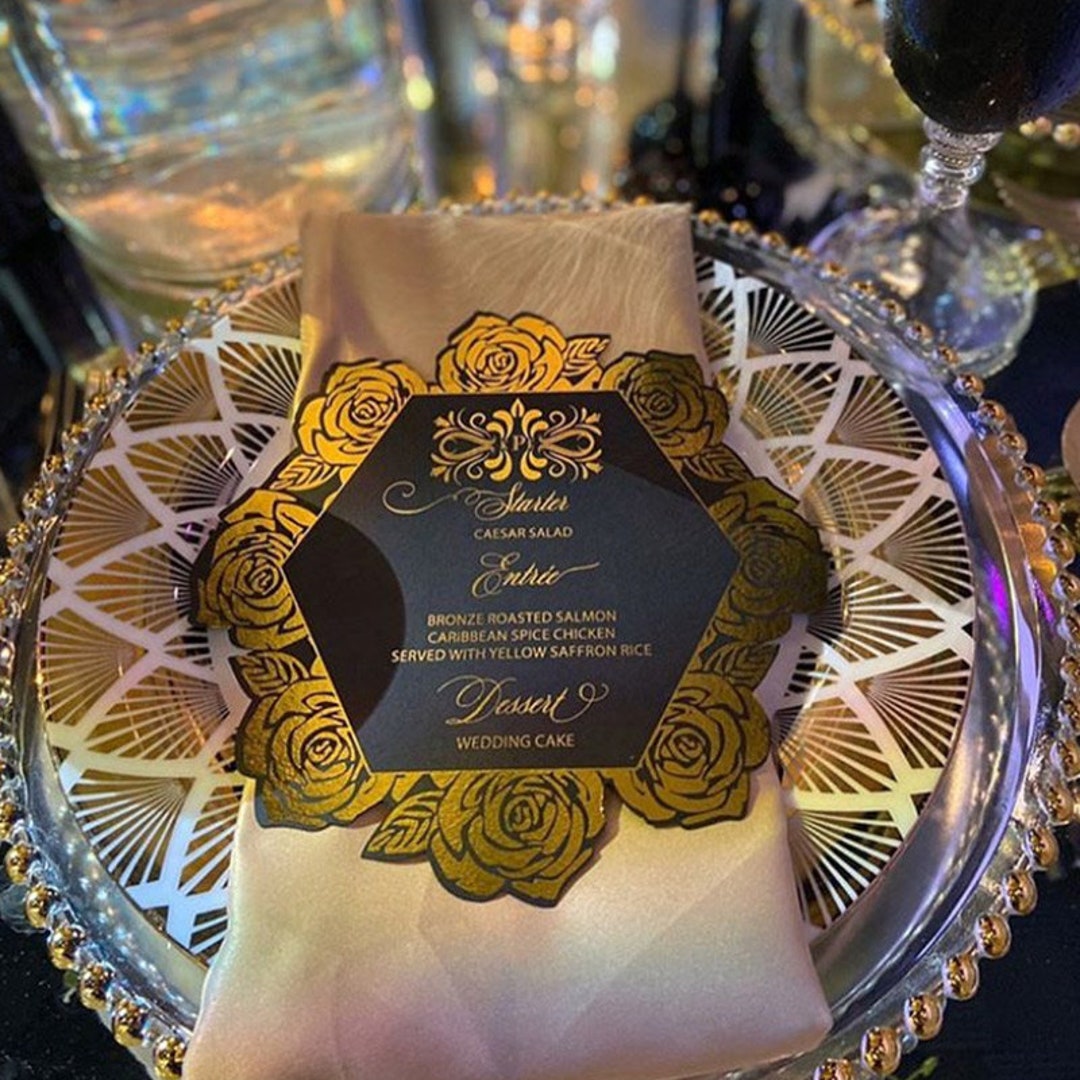 Gold and Black Menu/ Die Cut Menu/ Roses Menu/ Gold Menu/ Luxury Menu ...