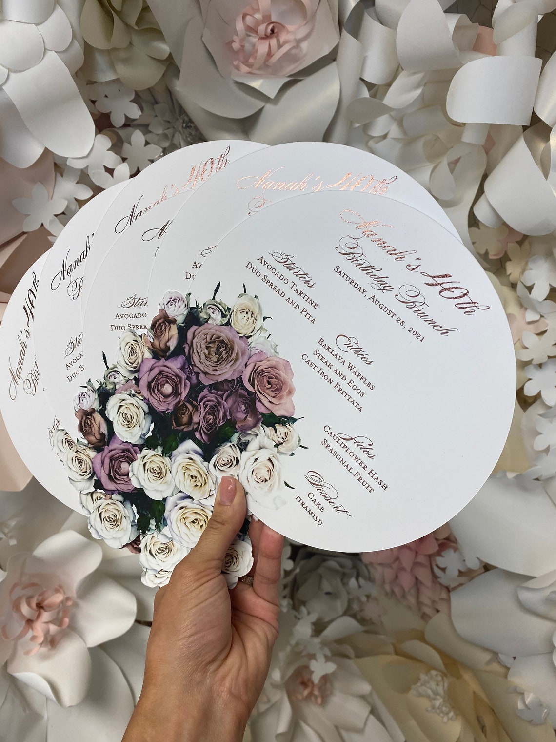 Round Wedding Menu With Mauve Florals | Die Cut Floral Reception Menu ...