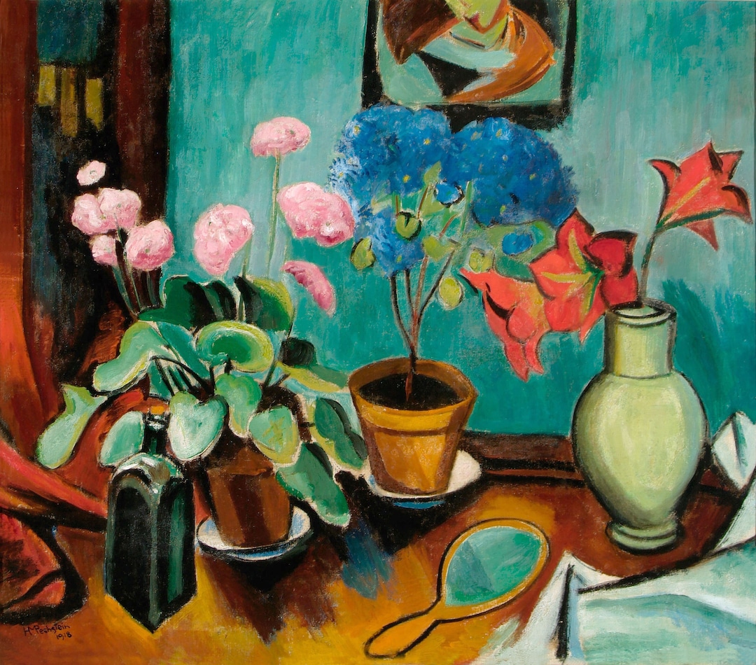 Flowers, Bottle and Mirror by Hermann Max Pechstein Home Decor Wall ...