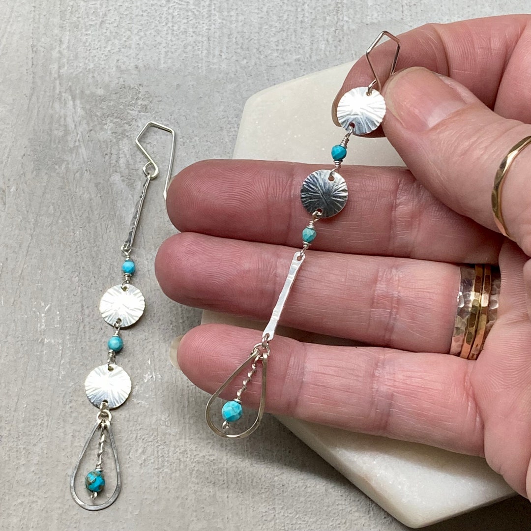 Long Multi Disc Dangle Earrings With Gemstones, Mismatched Earrings ...